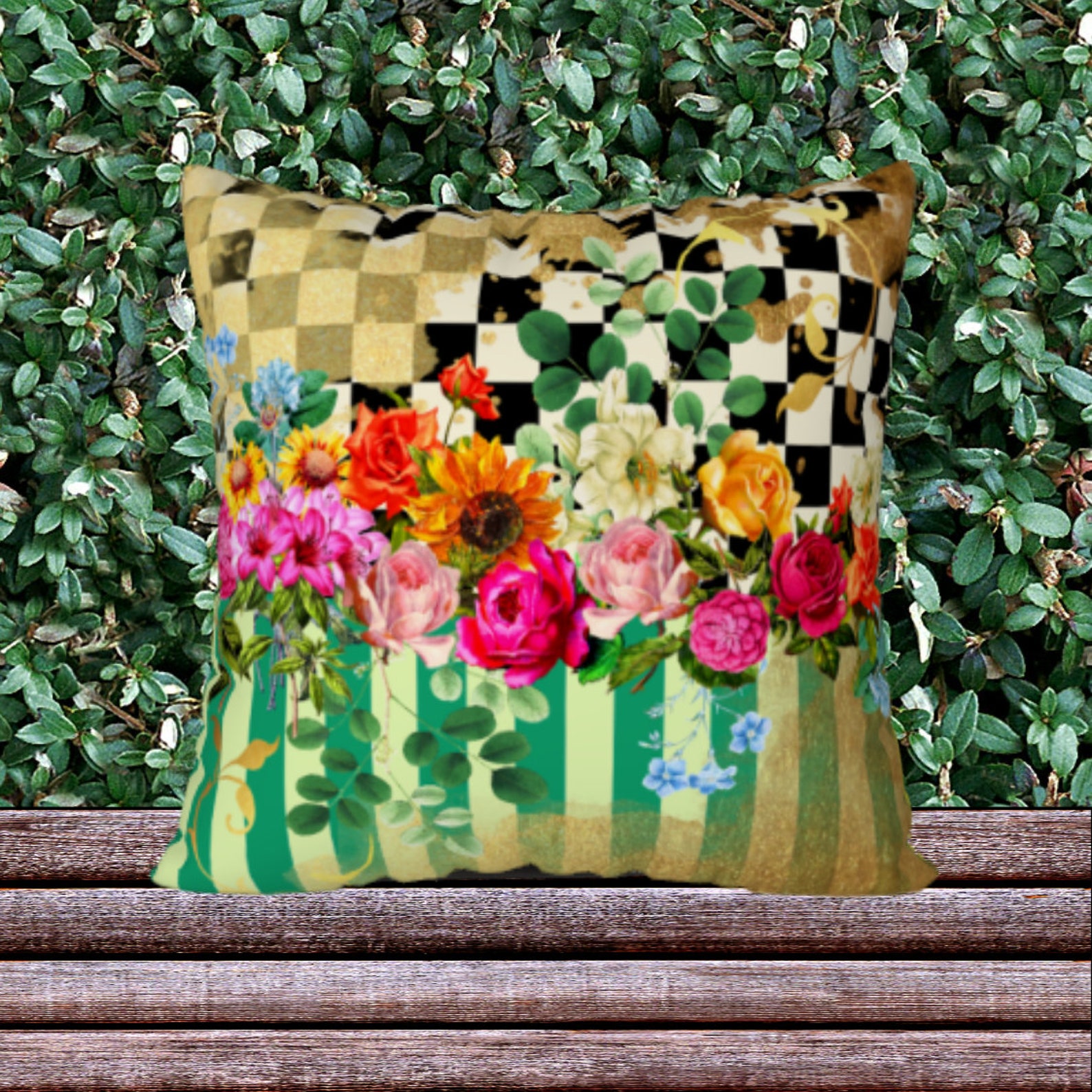 Checkerboard Gold Foil Striped Pillow Cover Vintage Flowers - Etsy ...