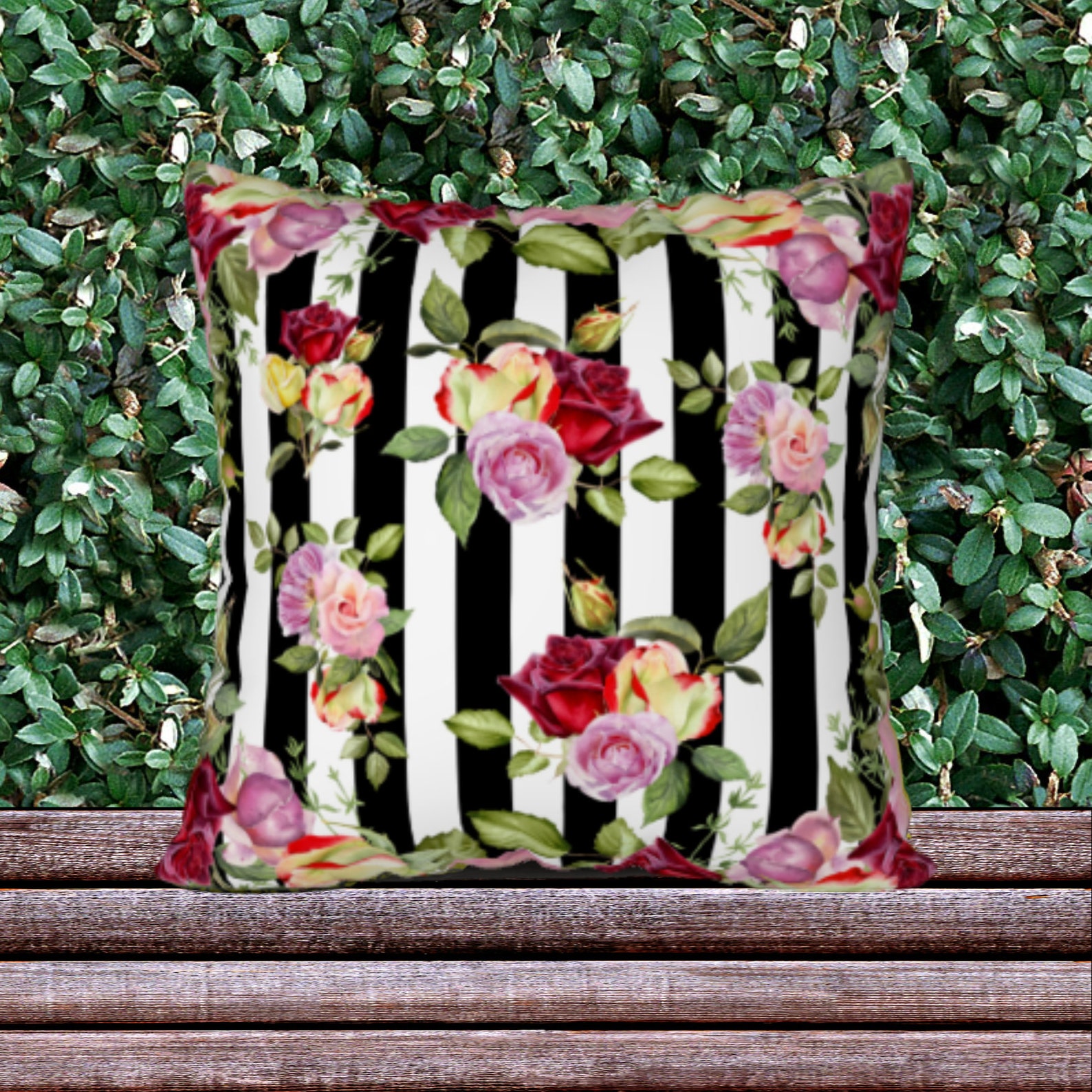 Watercolor Roses Black and White Stripe Pillow Cover Gift for Her Room ...