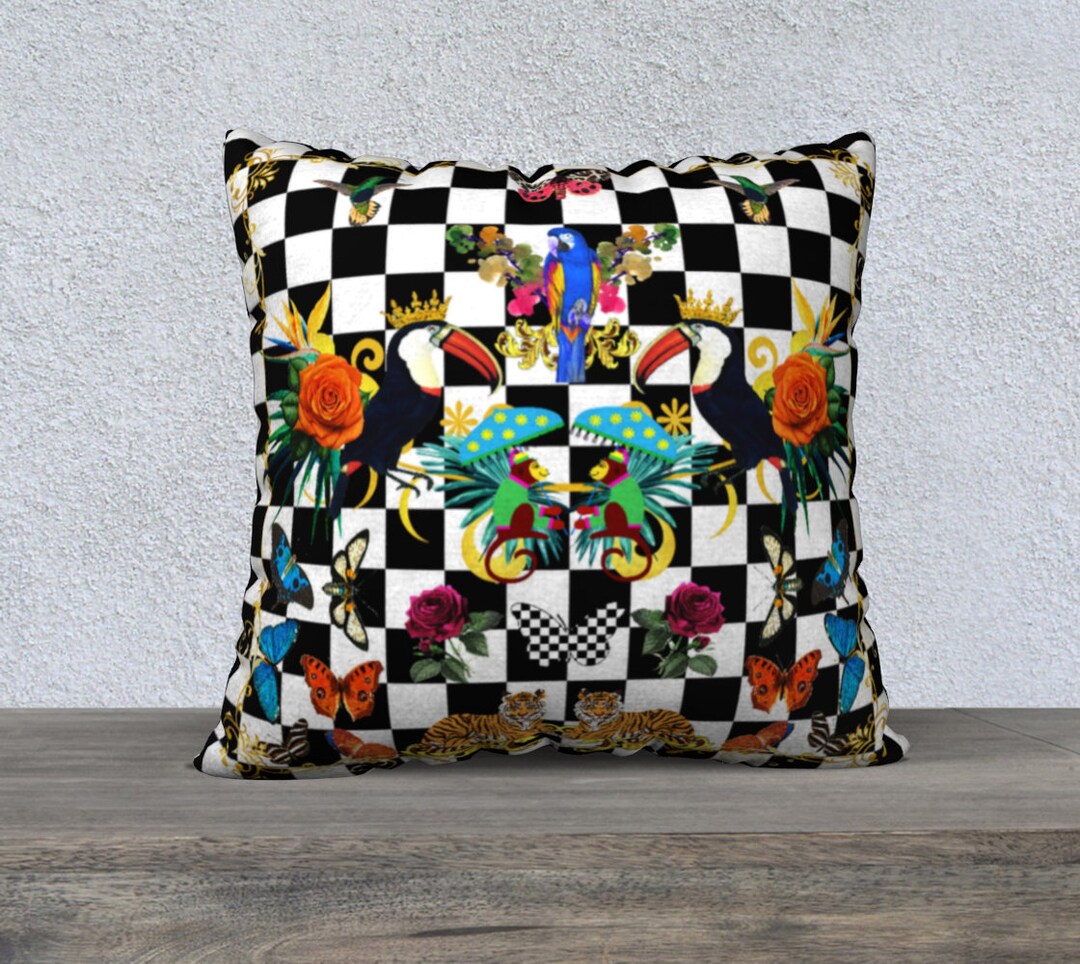 Black and White Checkerboard With Toucan Pillow Cover, Funky Home Decor ...