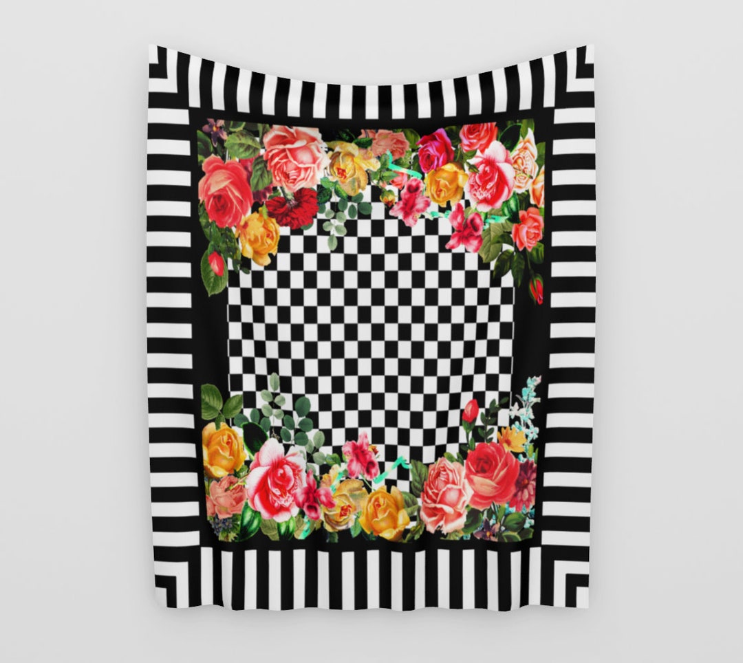 Floral and Striped Checkerboard Tablecloth, Black and White With ...