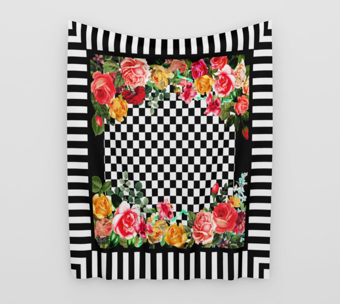 Floral and Striped Checkerboard Tablecloth Black and White - Etsy