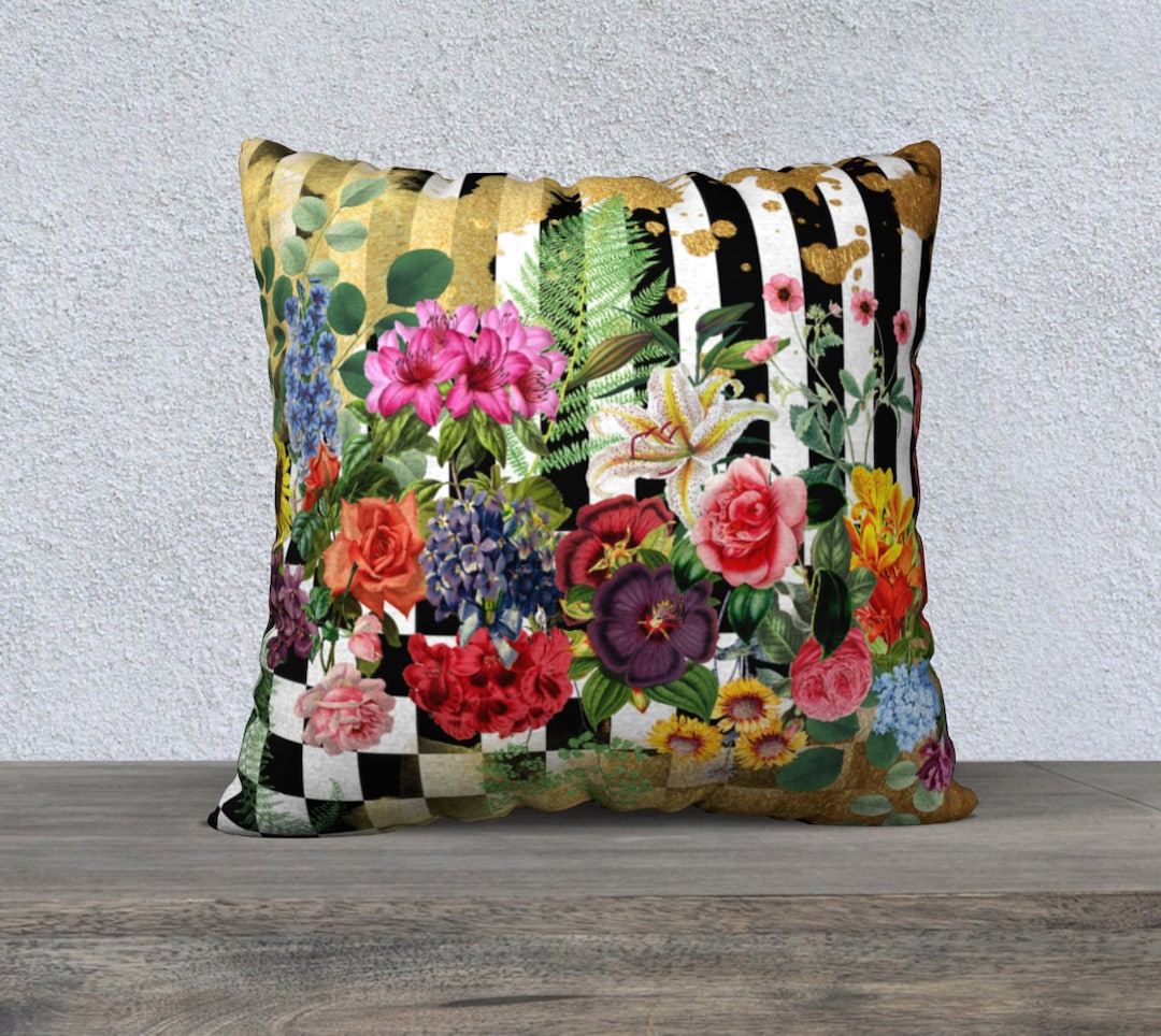Black and White Striped Checkerboard Pillow Cover Vintage Flowers ...