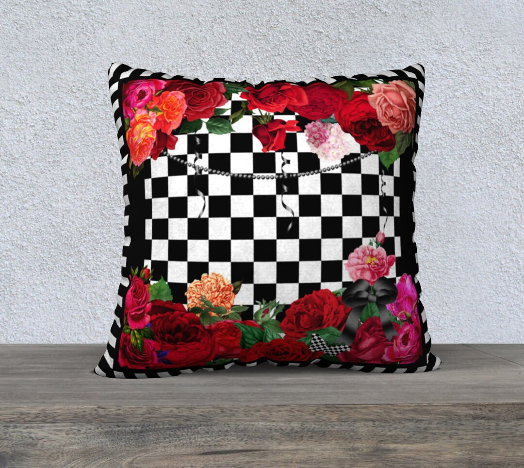 Red Flowers Checkered Pillow Cover Maximalist Decor French Country ...