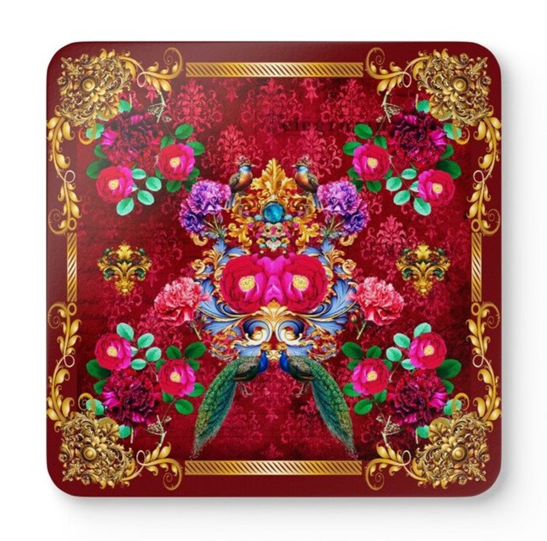 Red Floral Peacock Coasters Set of 4 Funky Home Decor Vintage Style ...