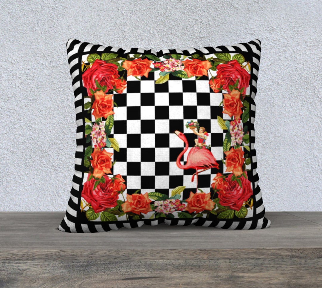 Red Roses Checkerboard Pillow Cover Flamingo Cushion Black and White ...