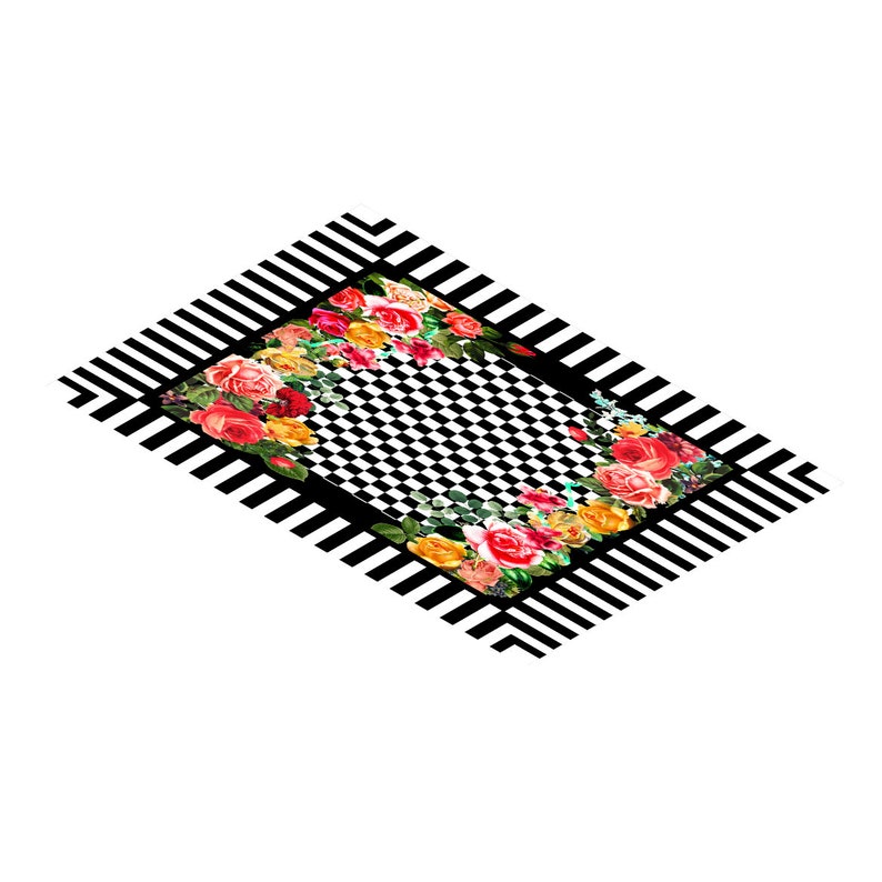 Floral and Striped Checkerboard Tablecloth Black and White - Etsy