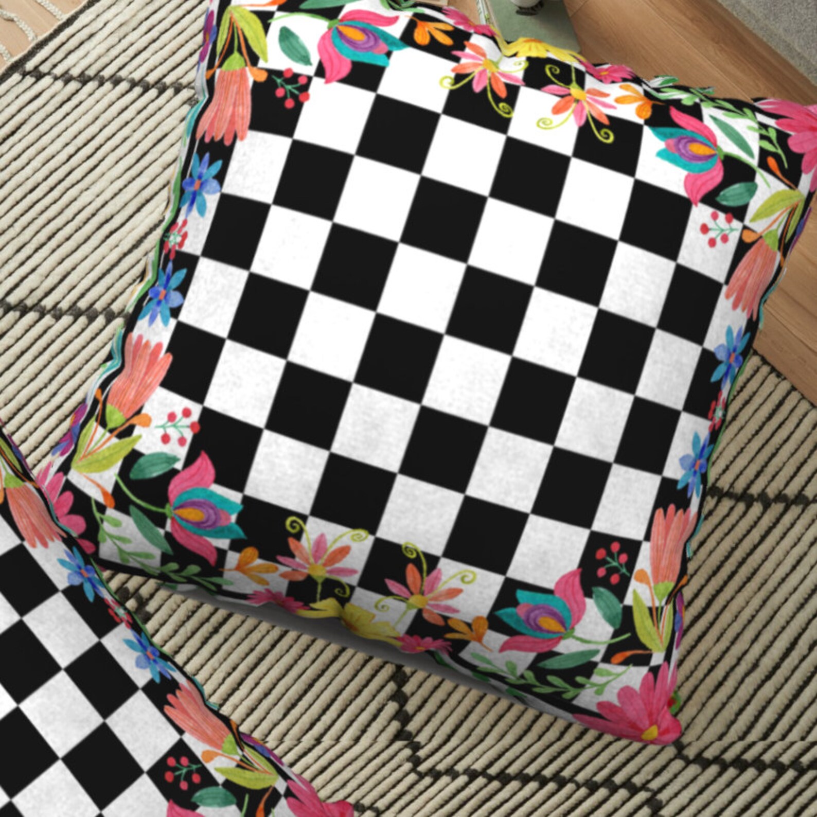 Checkerboard Flower Border Pillow Cover Accent Cushion Black | Etsy