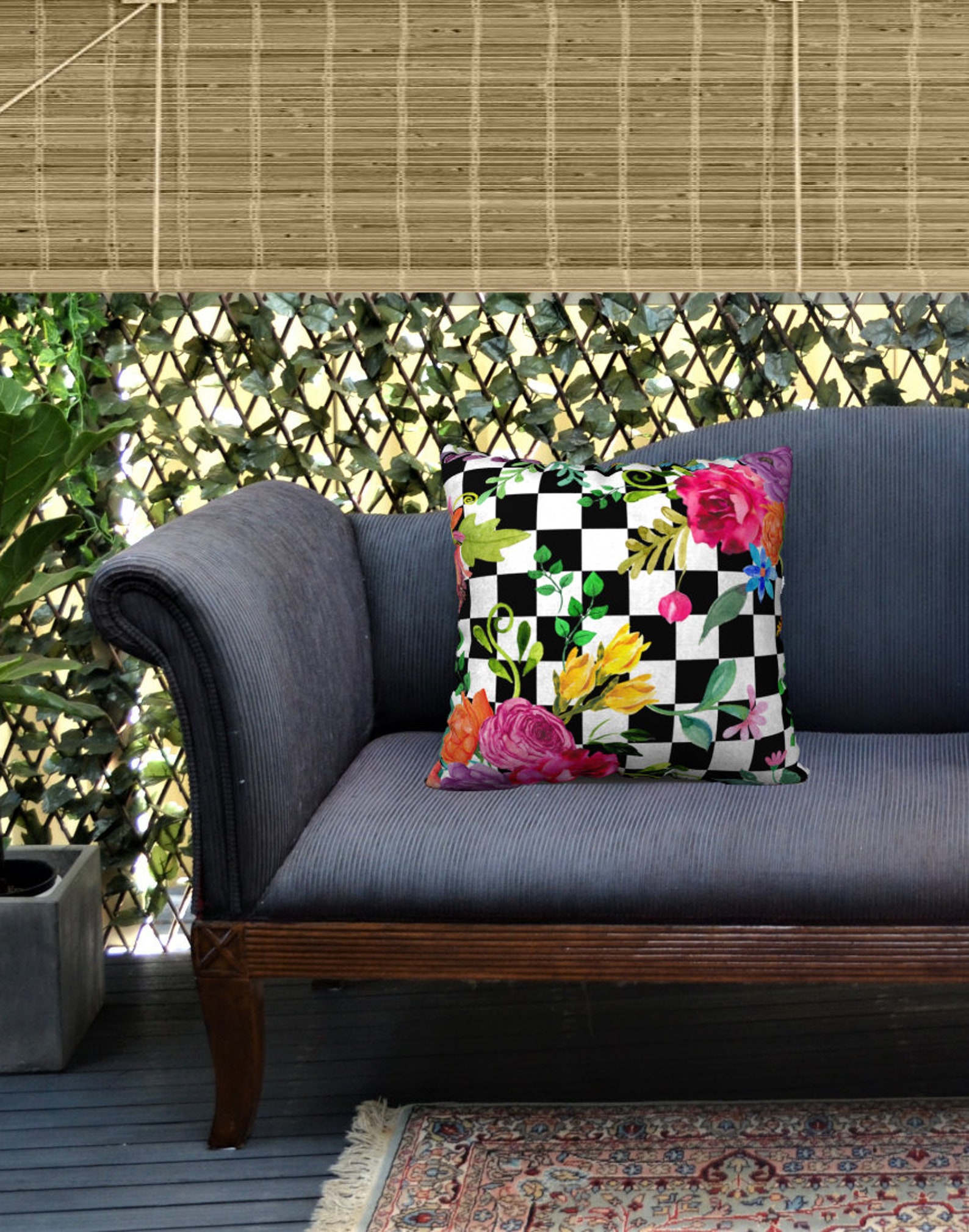 Checkerboard Watercolor Flowers Pillow Cover Black and - Etsy
