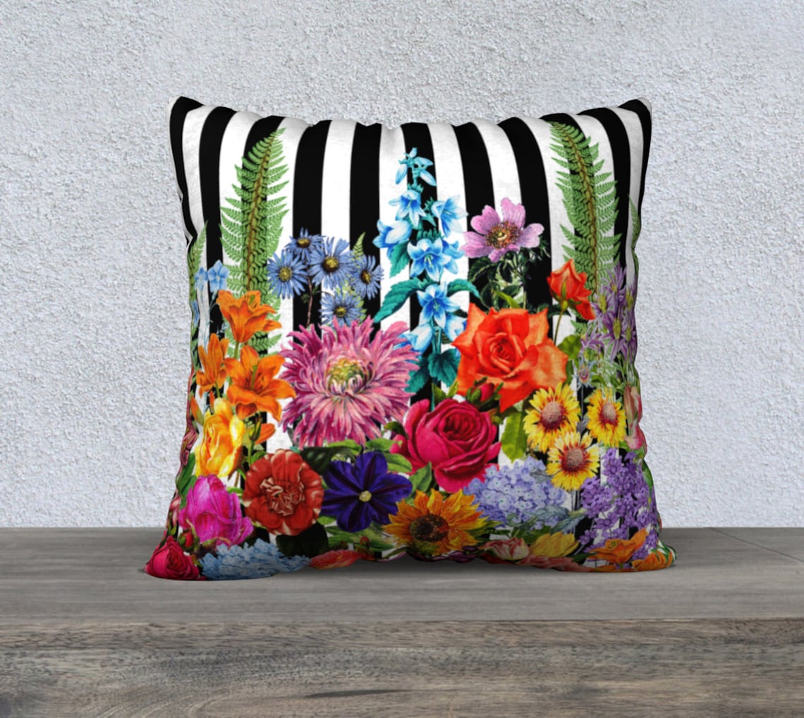 Spring Flowers Black and White Stripe Pillow Cover Throw - Etsy