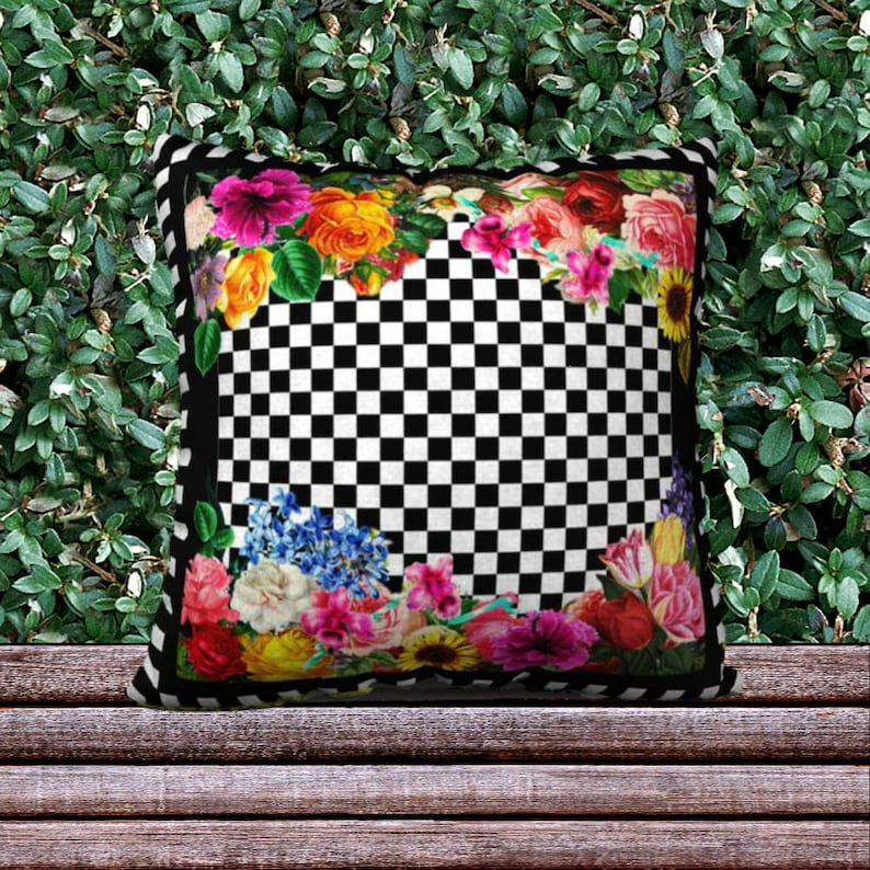 Black and White Checkerboard With Flowers and Stripes Pillow Cover ...