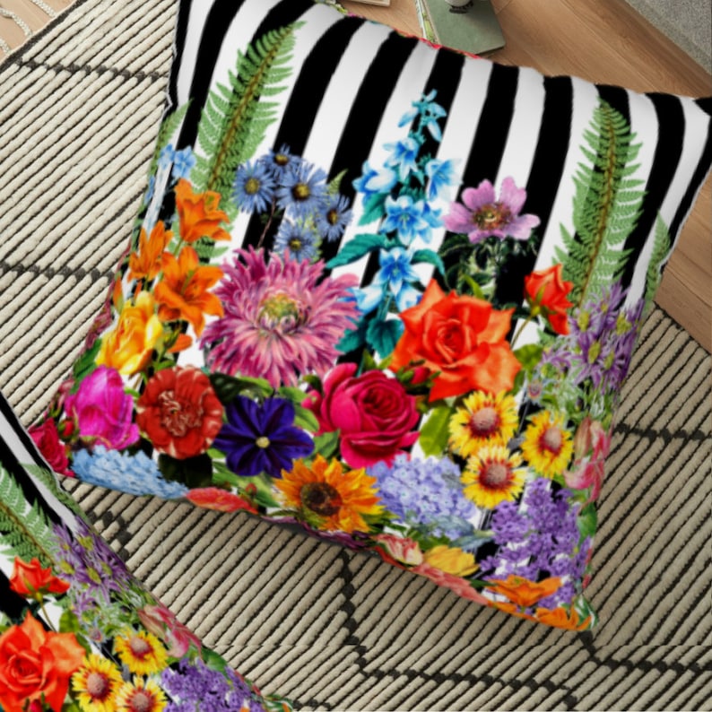 Spring Flowers, Black and White, Stripe Pillow Cover, Throw Pillow ...