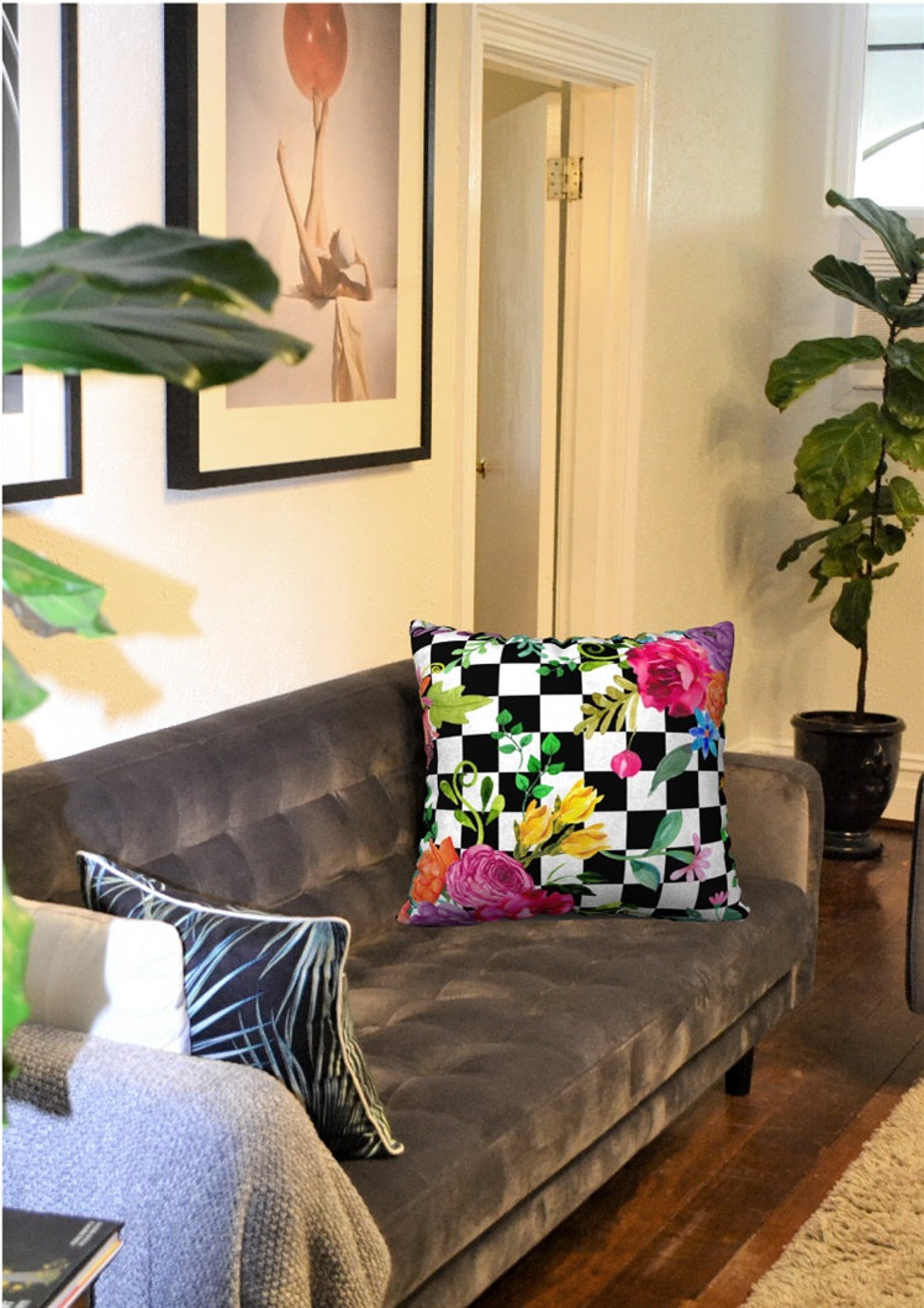 Checkerboard Watercolor Flowers Pillow Cover Black and - Etsy