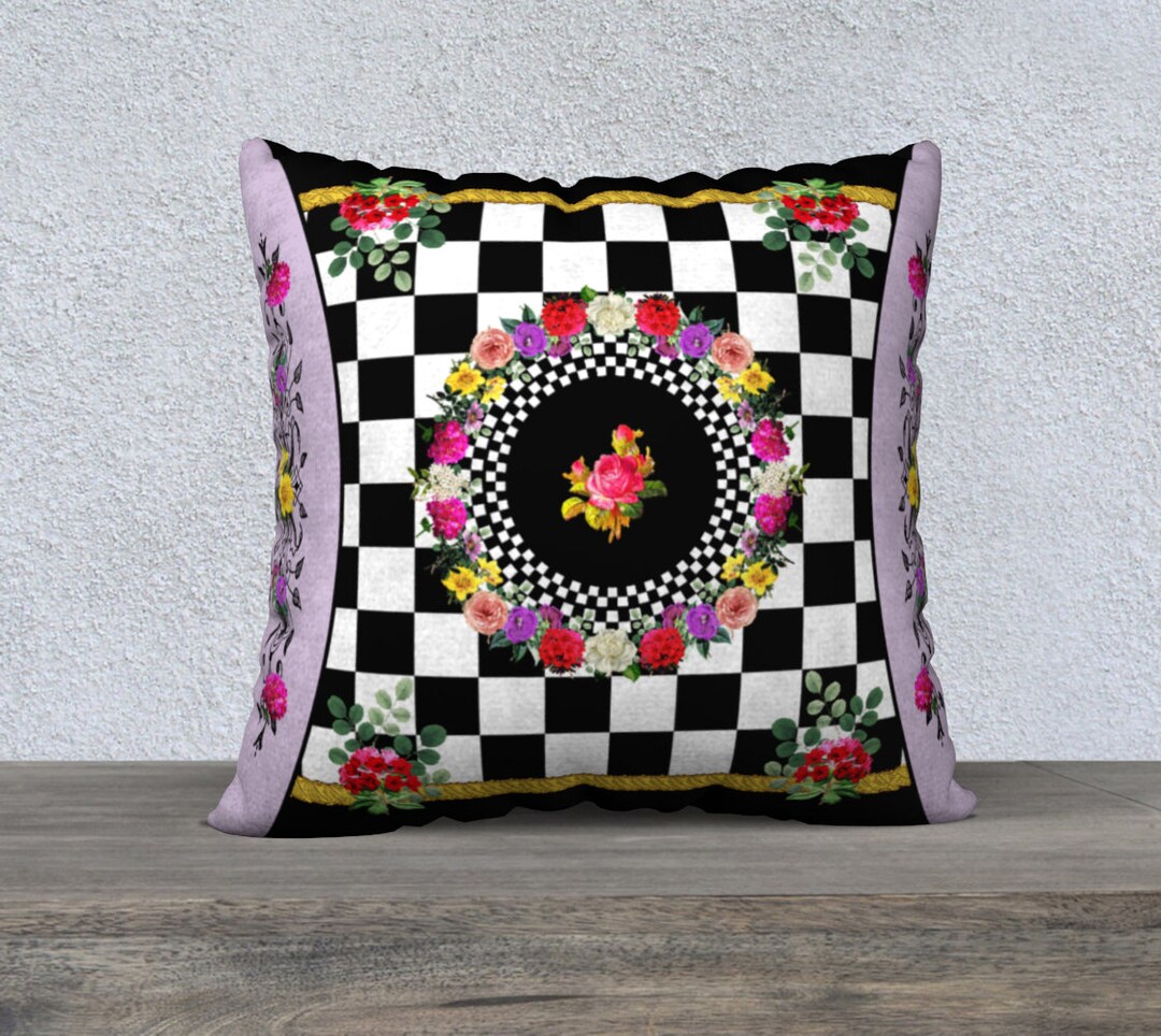 Black and White Checkerboard Pillow Cover Vintage Flowers Mauve French ...