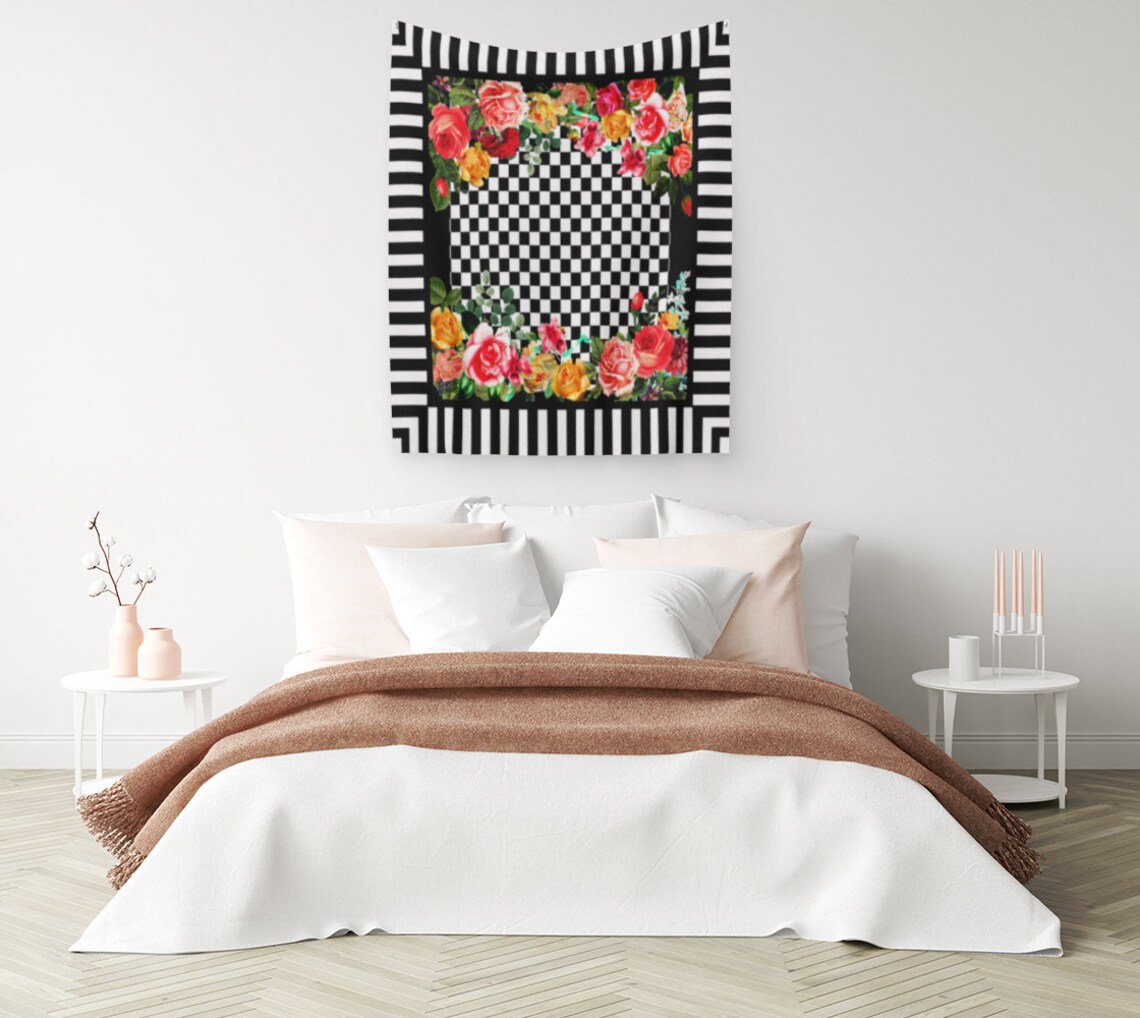 Floral and Striped Checkerboard Tablecloth Black and White - Etsy