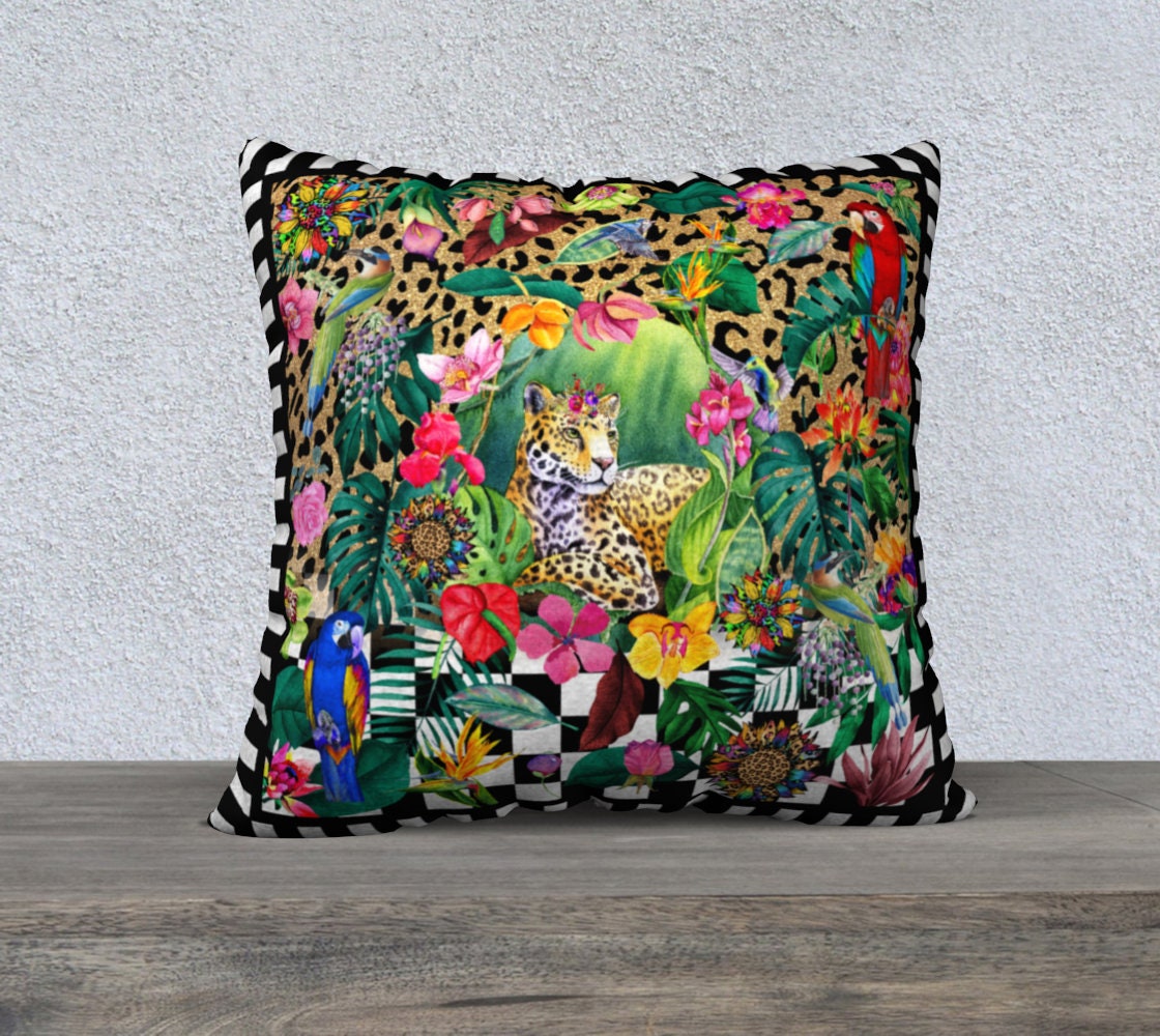 Funky Leopard With Flower Crown Pillow Cover, Velveteen, Jungle Print ...