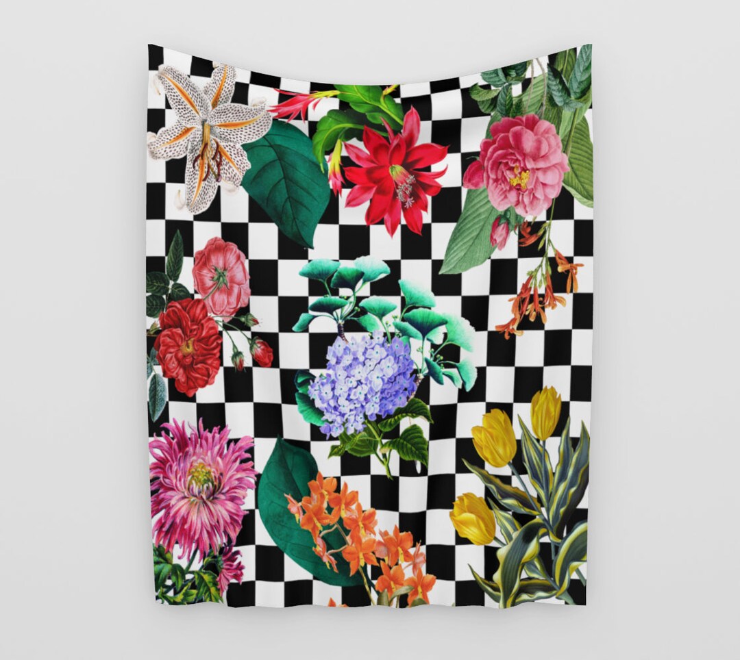 Floral Black and White Checkerboard Tablecloth Vintage Flowers Country ...