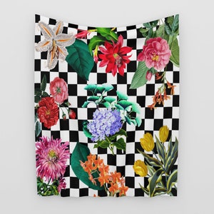 Floral Black and White Checkerboard Tablecloth Vintage Flowers Country ...