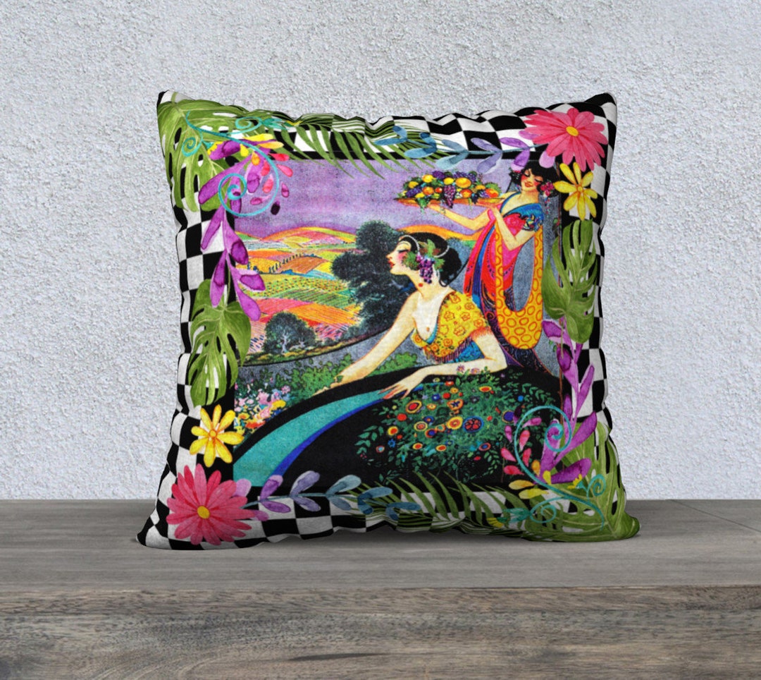 Art Deco Flapper Princess Pillow Cover, Black and White Checkerboard Cushion Cover, Watercolor ...