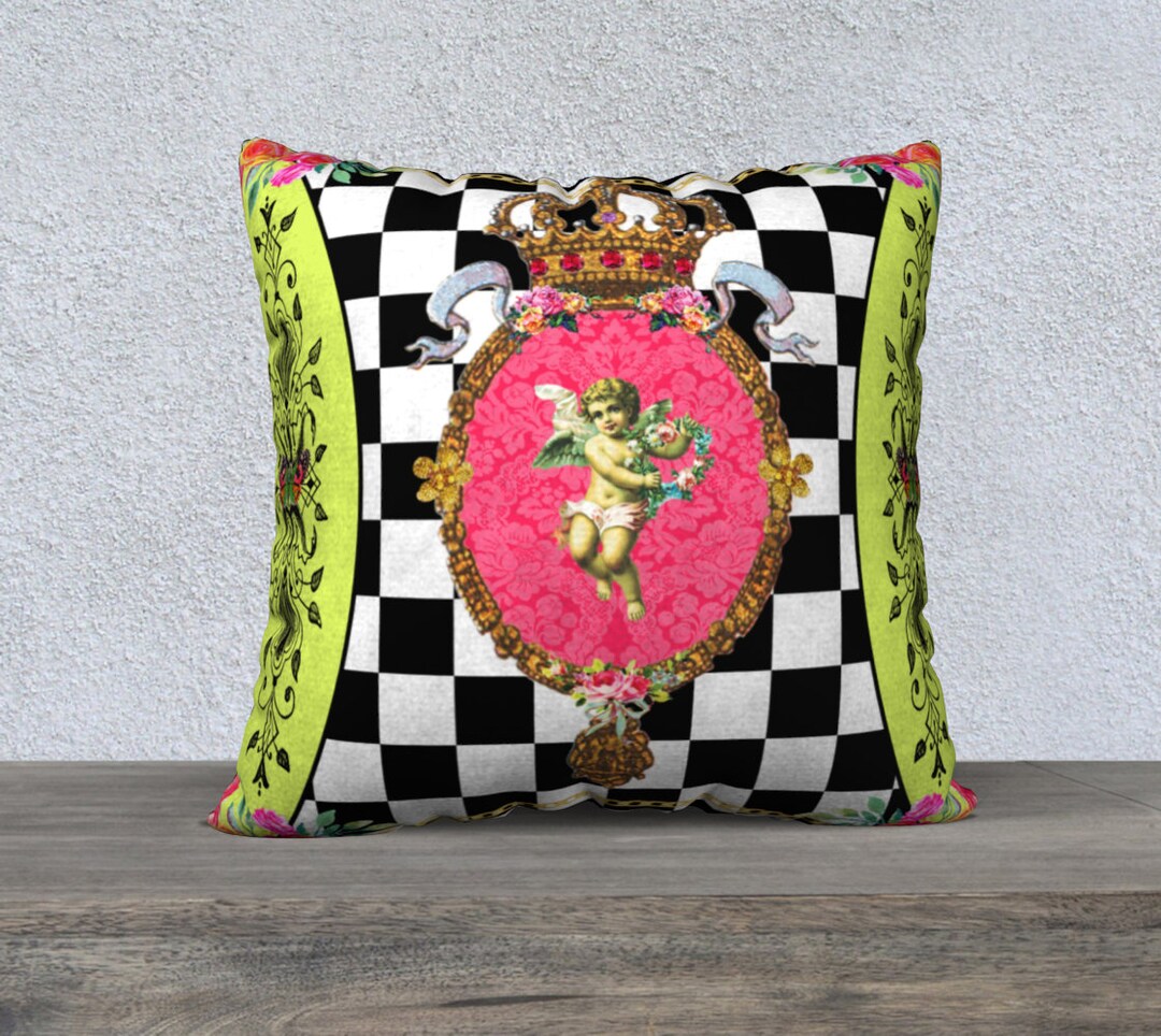 Cherub Black and White Checkerboard Pillow Cover, Vintage Flowers Large ...