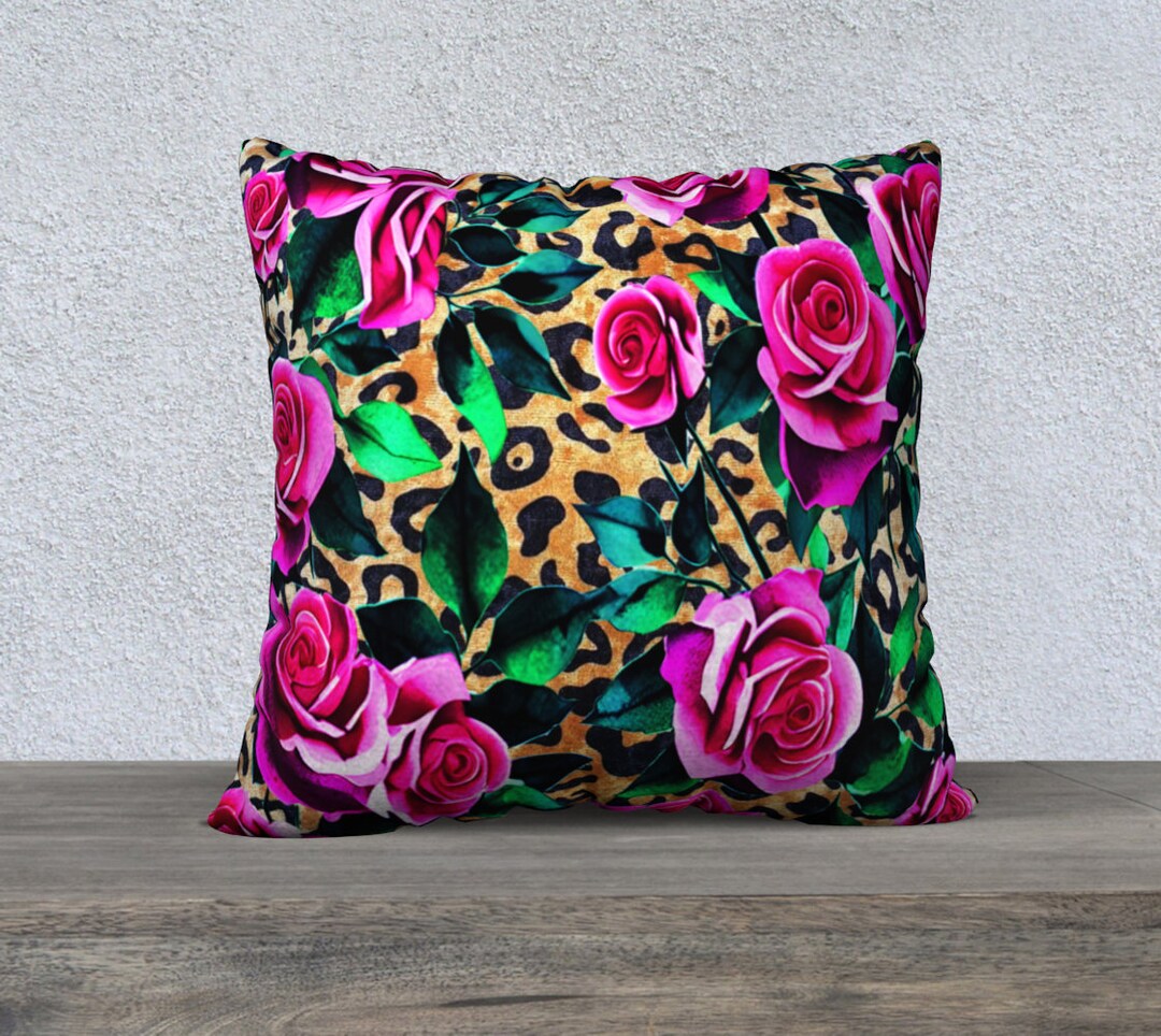 Funky Pink Roses Leopard Print Pillow Cover, Leopard Throw Pillow Cover ...