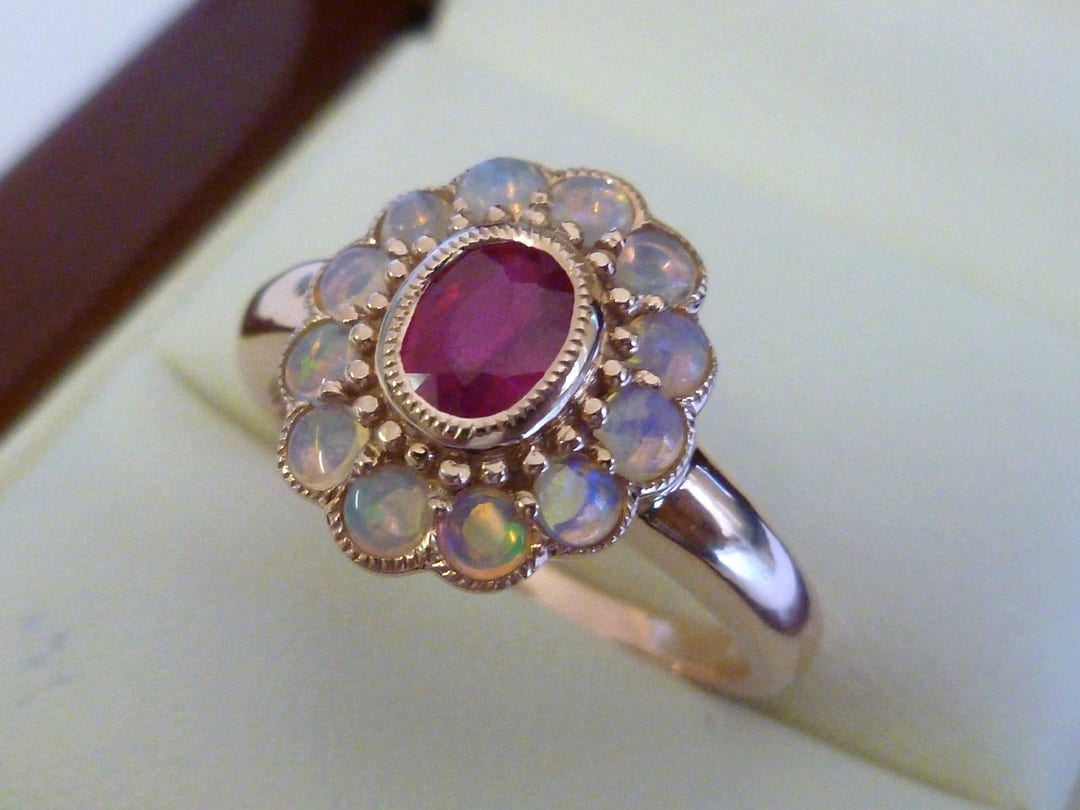 Rose Gold Ruby & Opal Ring, 9ct 9k Solid Gold, Vintage Ruby Opal Ring ...
