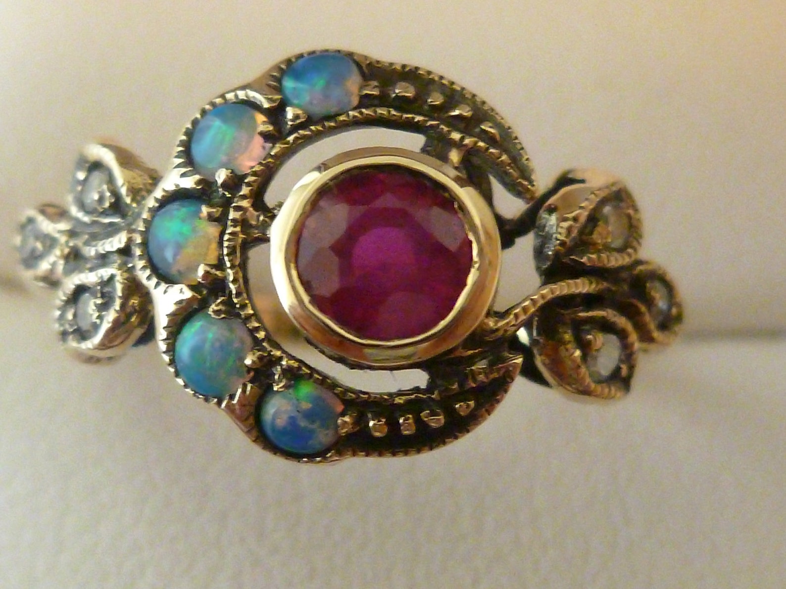Vintage Ruby, Opal, Diamond Ring, 9ct 9k Yellow Gold Opal Ring, Antique ...
