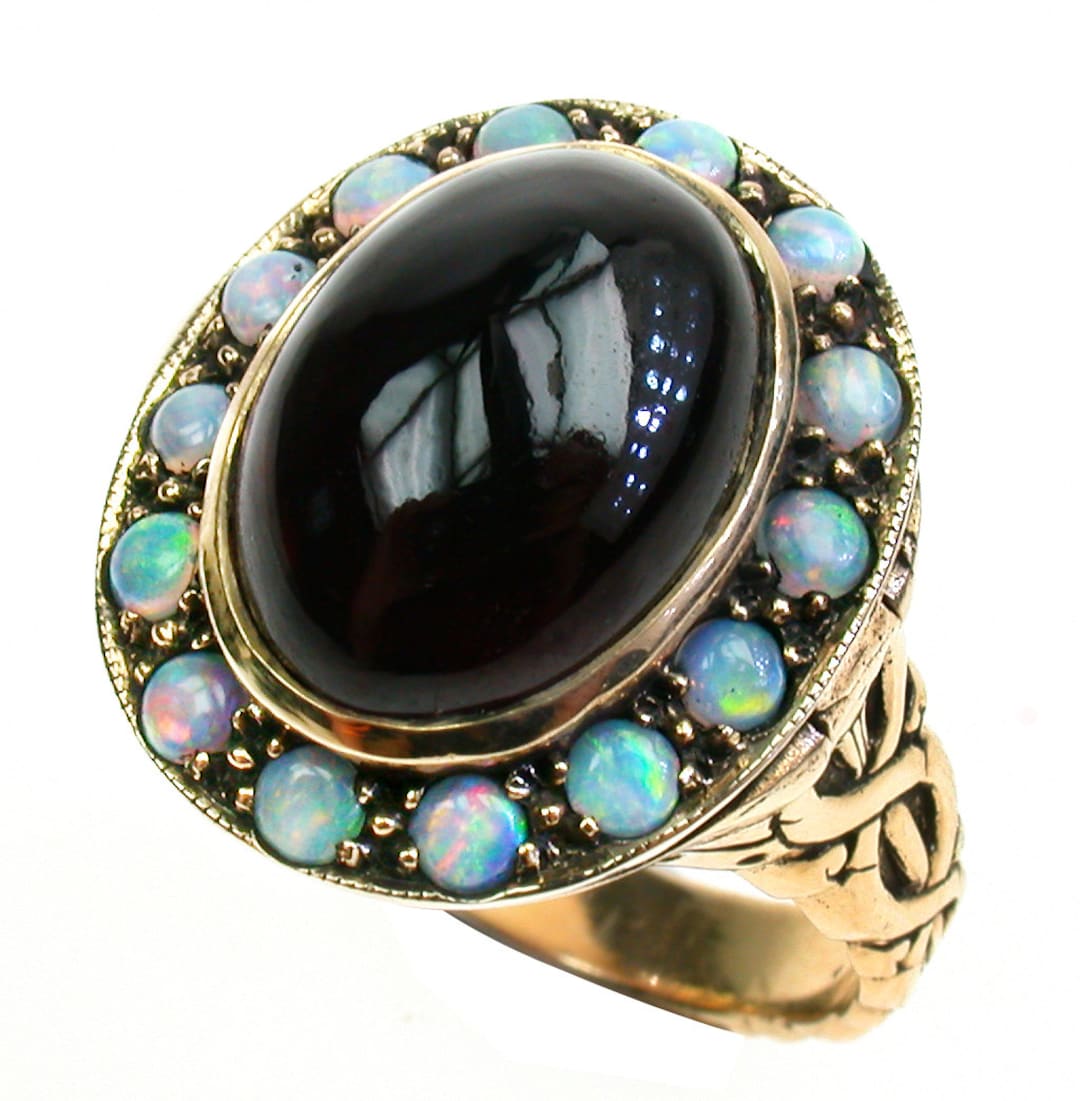 Onyx Ring With Opals, 9ct 9k Solid Gold, Vintage Onyx Ring, Secret Lid ...
