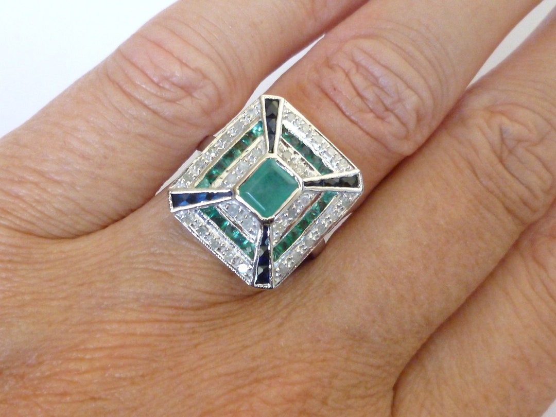 Art Deco Emerald Sapphire Diamond White Gold Ring, 9ct 9k 10k 14k 18k ...