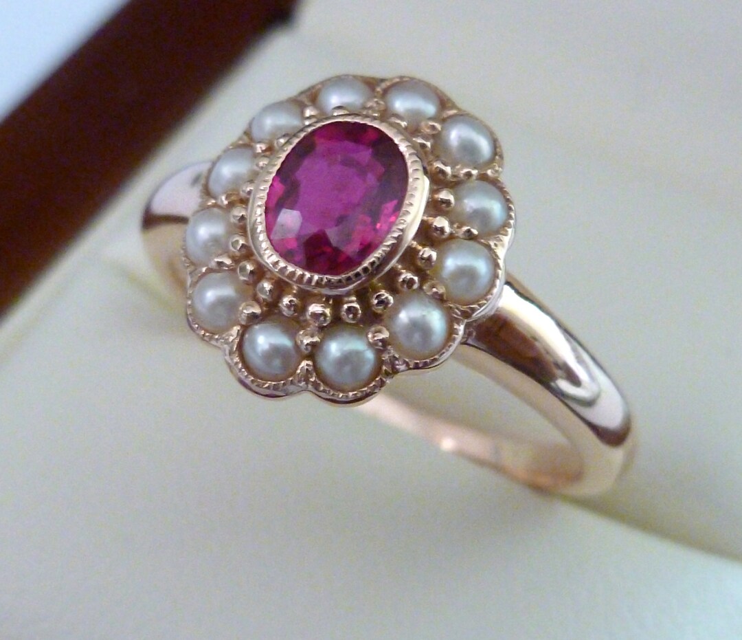 Rose Gold Ruby & Pearl Ring, Victorian Ruby Ring, 9ct 9k 14k 18ct 18k ...