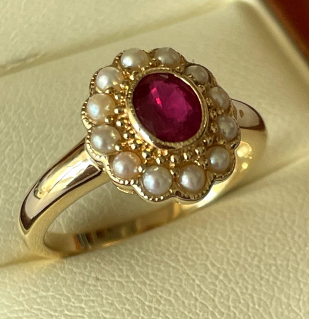 Ruby & Pearl Ring, Victorian Ruby Ring, 9ct 9k Yellow Gold, Antique ...