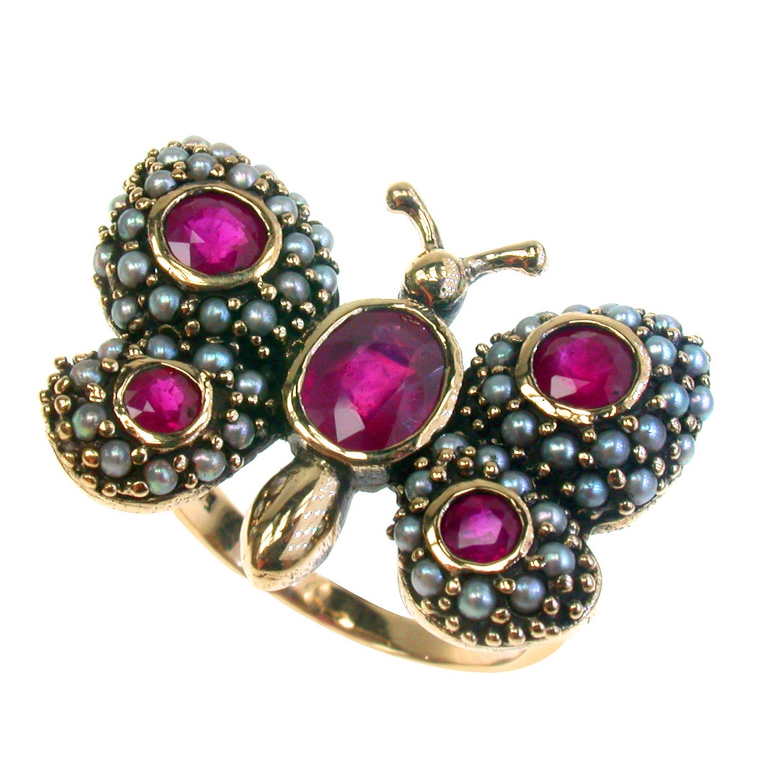 Gold Ruby Butterfly Ring, Vintage Style Pearl Ring, 9ct 9k Womens ...