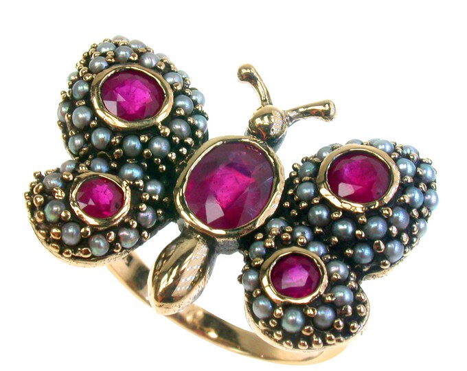 Gold Ruby Butterfly Ring, Vintage Style Pearl Ring, 9ct 9k Womens ...