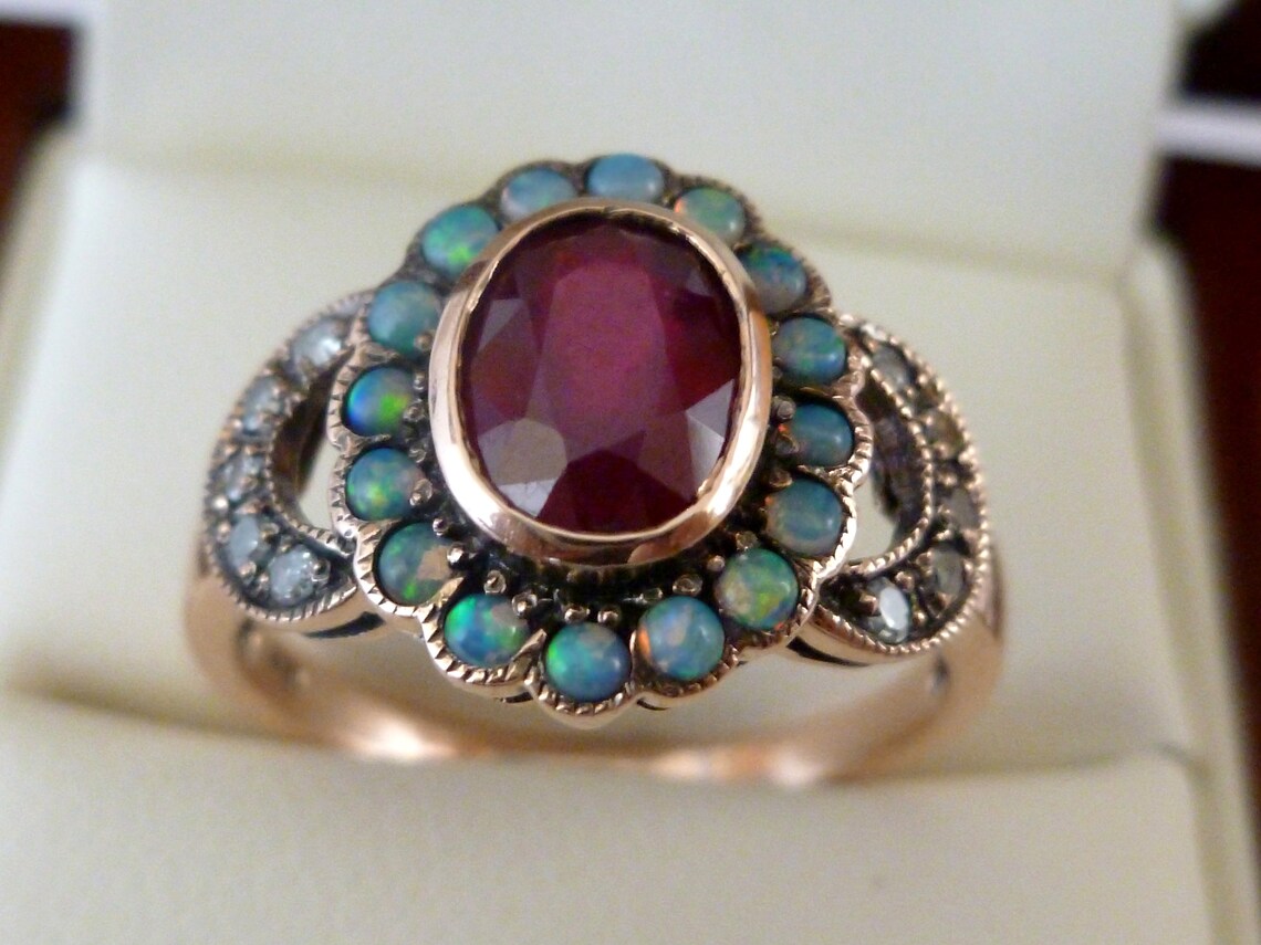 Solid Gold Ruby Opal & Diamond Ring 9ct 9k Diamond Ring | Etsy