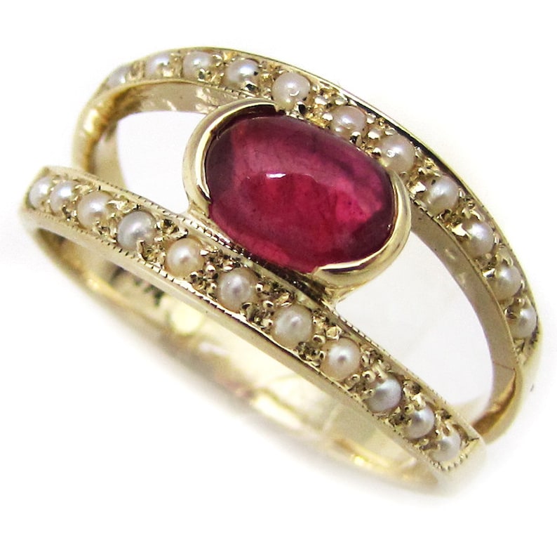 Gold Ruby Ring 9ct 9k Vintage Ruby Pearl Ring Womens - Etsy