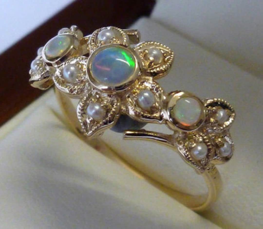 Opal and Pearl Ring, Vintage Pearl Ring, Gold Vintage Opal Ring, Floral ...