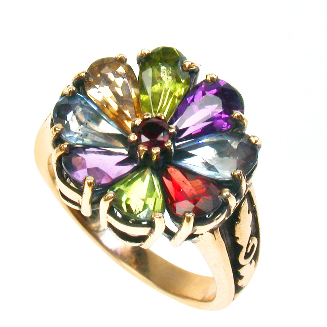 Multi-color Floral Ring, 9ct 9k Gold, Vintage Ring, Womens Flower ...
