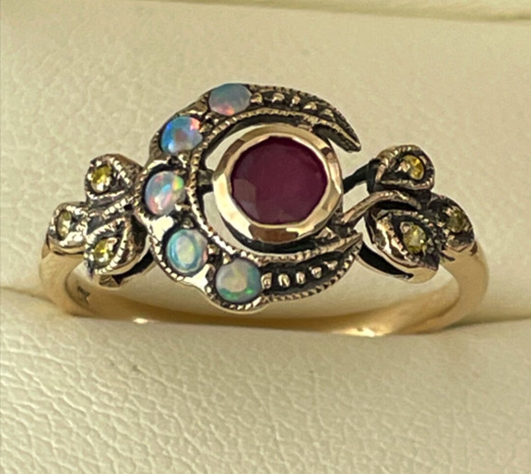 Vintage Ruby, Opal, Yellow Sapphire Ring, 10k Solid Yellow Gold Ring ...