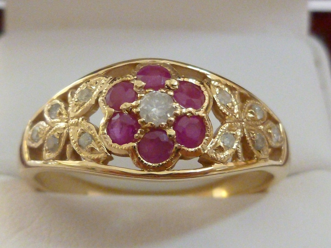Vintage Ruby Flower Ring, 9ct 9k Yellow Gold Diamond Butterfly Ring ...