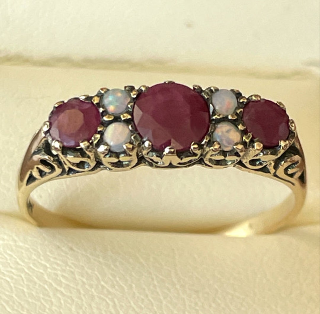 Vintage Ruby Ring, 9ct Gold Opal Ring, Antique 9ct 9k Yellow Gold Scroll Ring, Victorian Ruby ...