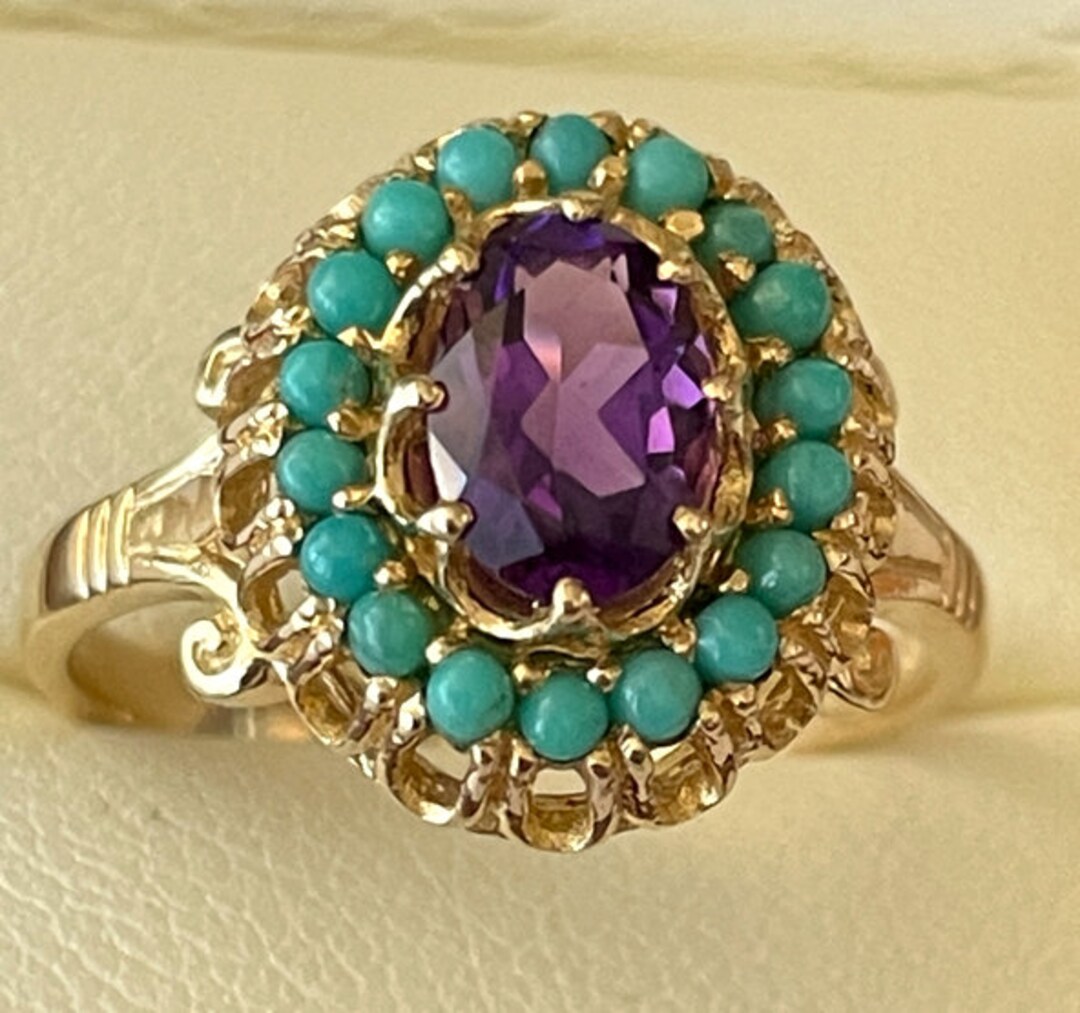 Victorian Amethyst Ring With Turquoise, 9ct 9k Gold Vintage Ring ...
