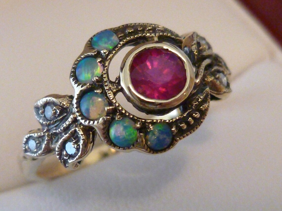 Vintage Ruby Opal Diamond Ring 9ct 9k Yellow Gold Opal | Etsy