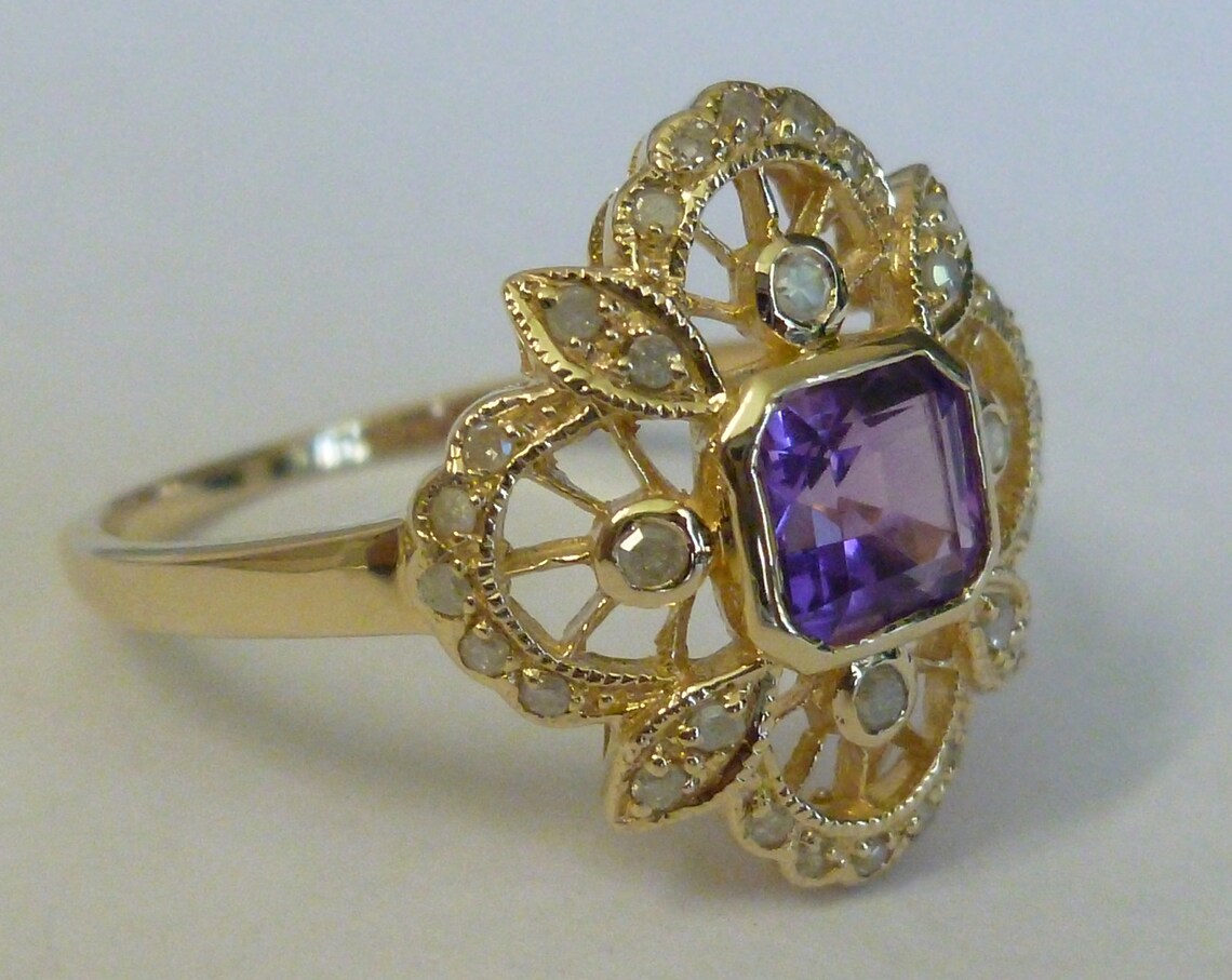 Vintage Amethyst & Diamond Ring Antique Style 9ct 9k Solid | Etsy