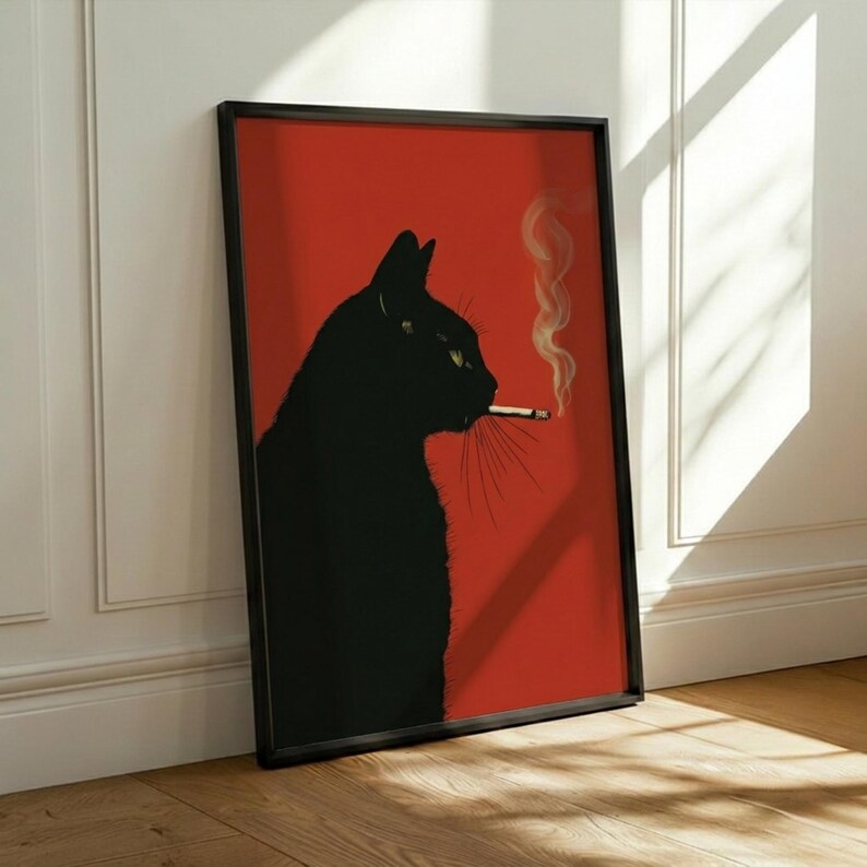 Retro Black Cat Smoking Cigarette Vintage Poster Quirky Wall Art Decor ...