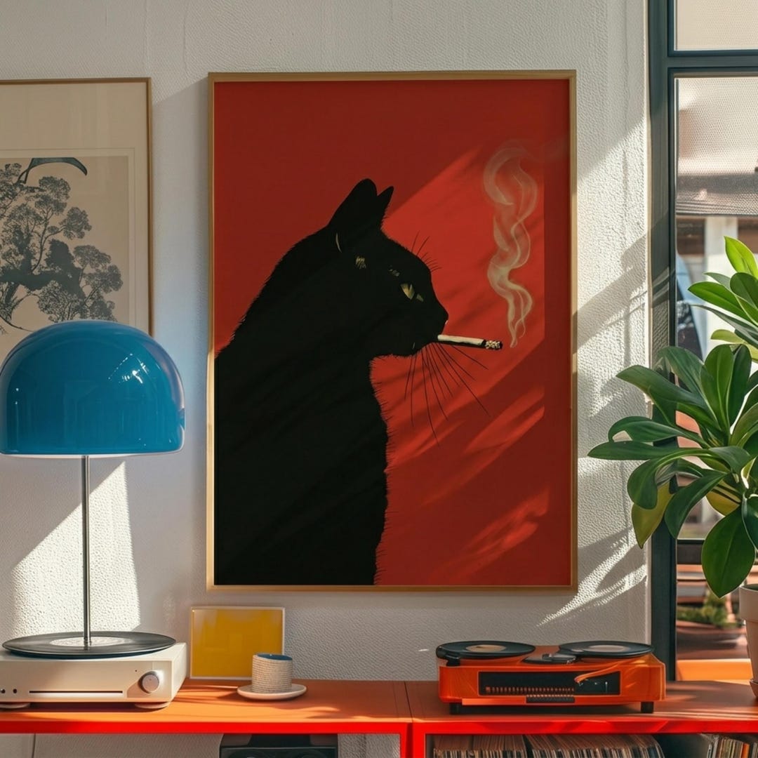 Retro Black Cat Smoking Cigarette Vintage Poster Quirky Wall Art Decor ...