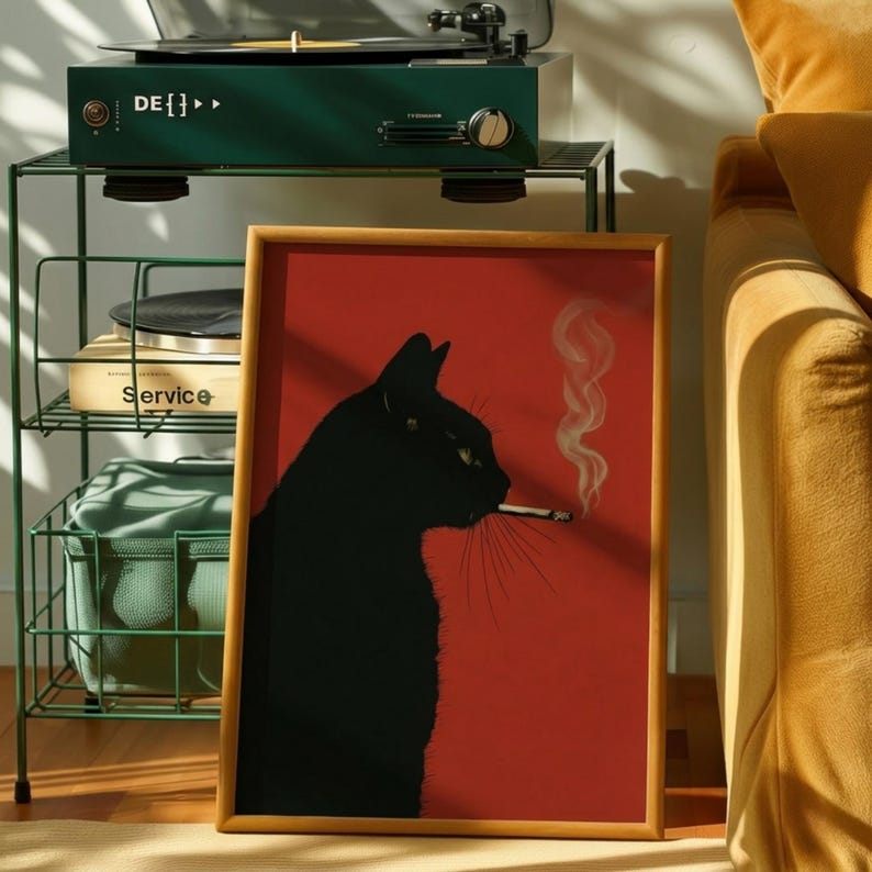 Retro Black Cat Smoking Cigarette Vintage Poster Quirky Wall Art Decor ...