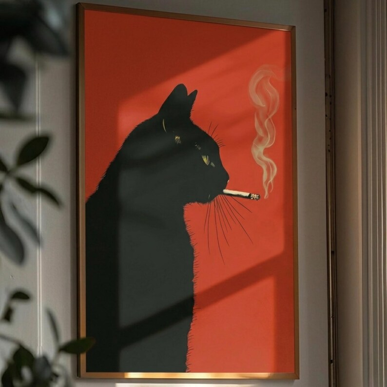 Retro Black Cat Smoking Cigarette Vintage Poster Quirky Wall Art Decor ...