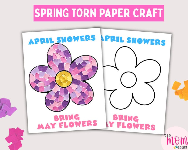 Spring Flower Craft Template, April Showers May Flower Torn Paper Craft ...