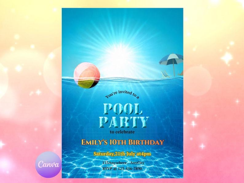 Pool Party Invitation, Any Age Birthday Invite, Editable Canva Template ...
