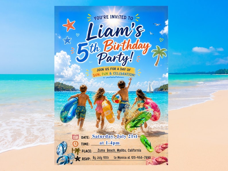 Beach Birthday Party Invite, Summer Seaside Party Invitation, Kids ...