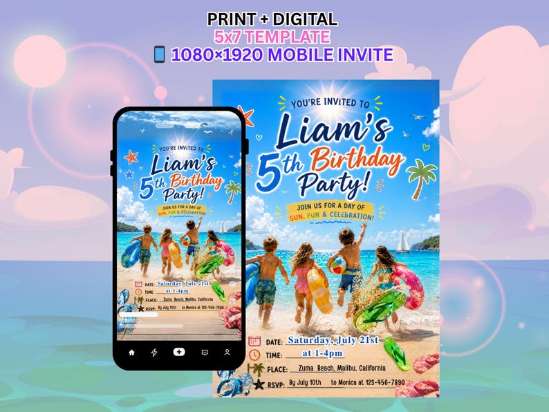 Beach Birthday Party Invite, Summer Seaside Party Invitation, Kids ...